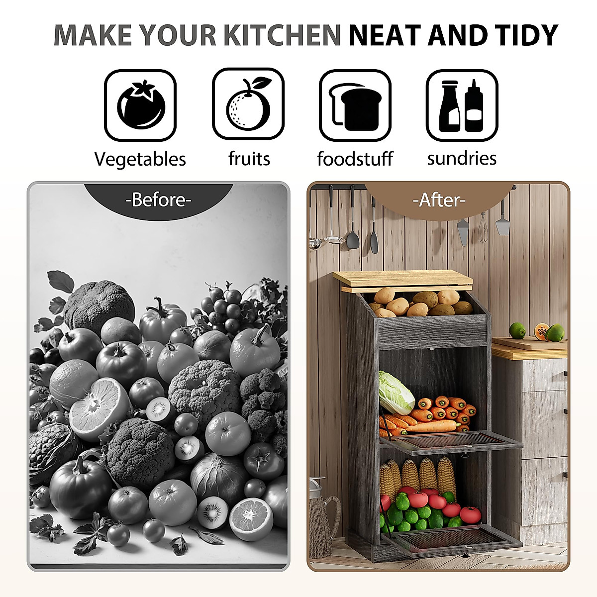 ONG Potato Storage Bins Sets of 2, Wooden Potato Bin Double Bread Storage, Decorative Potato and Onion Storage Bin Set 2, Wood Box with Grocery Section, Wooden Vegetable Storage with Lid,Grey