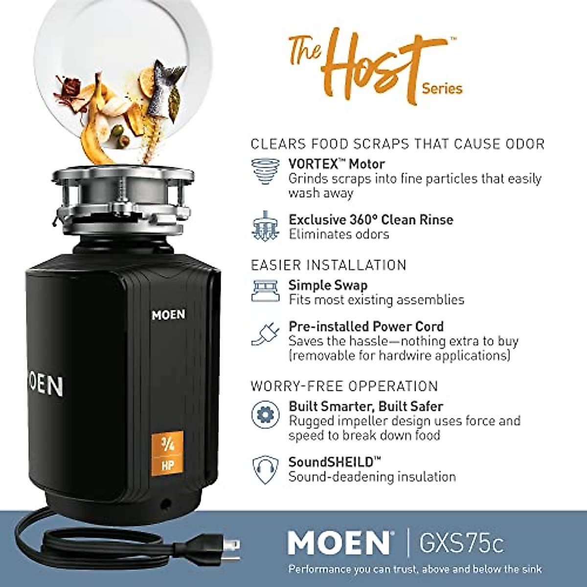 Moen GXS75C Host Series 3/4 HP Continuous Feed Garbage Disposal with Sound Reduction, Power Cord Included