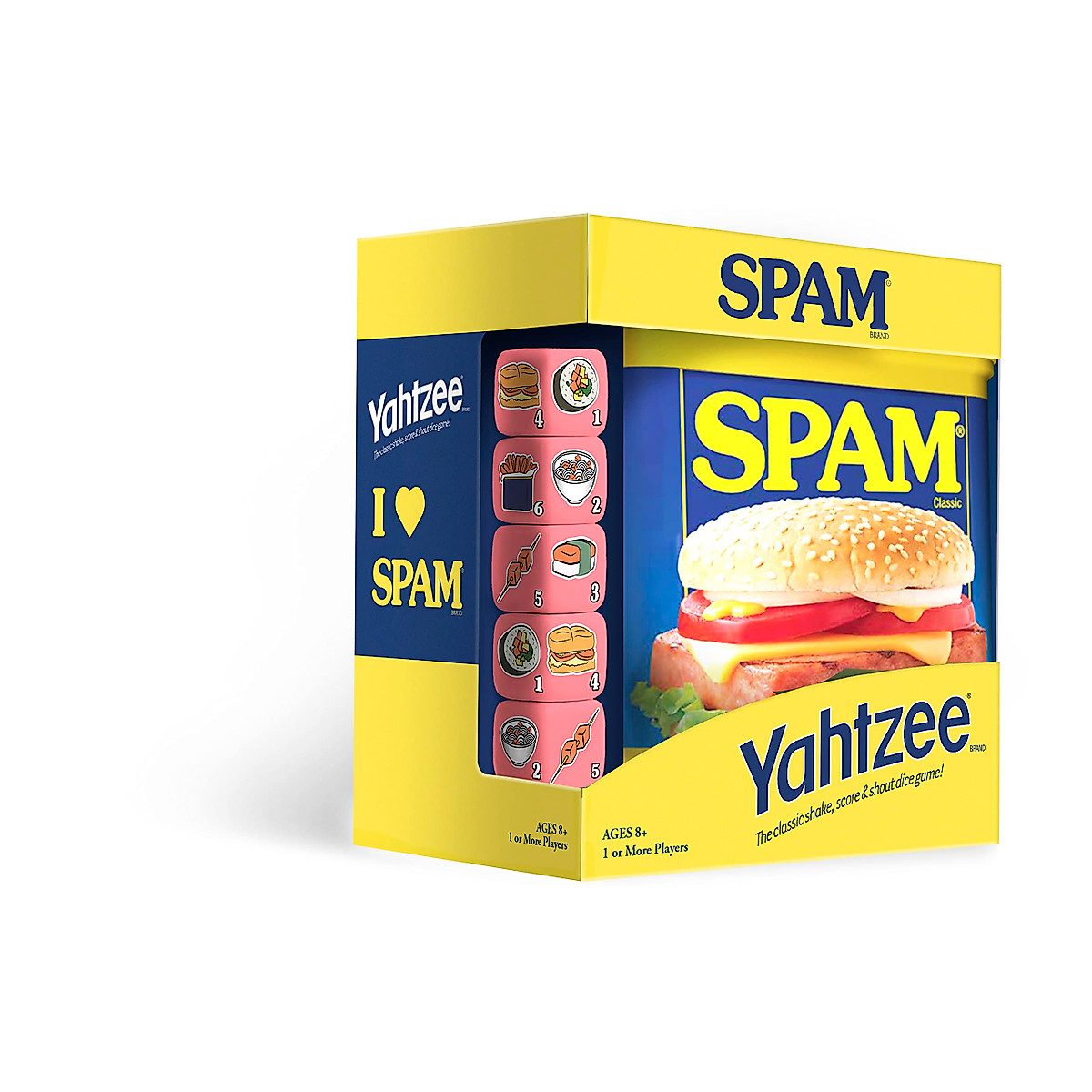 YAHTZEE Spam Brand | Collectible Yahtzee Game as Iconic Spam Can with Custom Dice | Dice Featuring Fried Spam, Spam Musubi, Spam Fries | Travel Yahtzee Game & Dice Game
