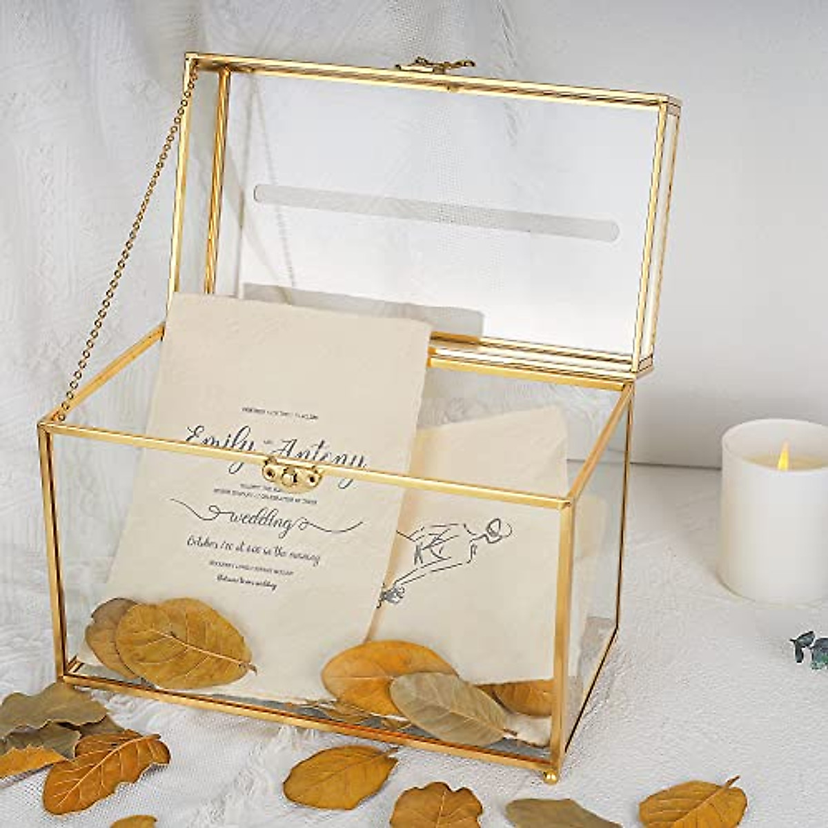 REDHUGO 10x5.5x7.7 inches Gold Glass Card Box Handmade with Slot, Wedding Card Boxes for Reception, Graduation, Gift Cards, Party, Brass Geometric Terrarium, Golden Decorative Box, Medium