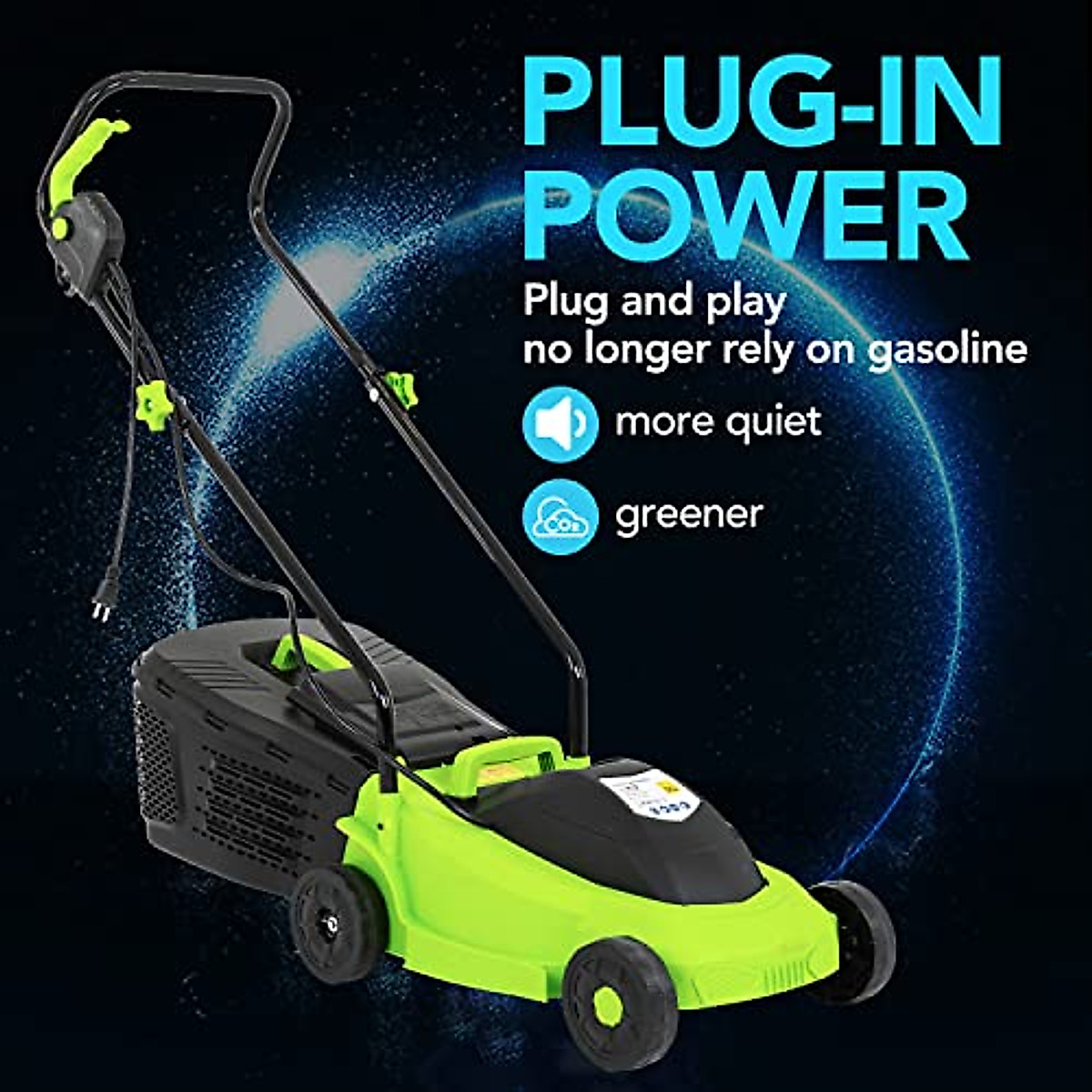 HKLGorg Electric Lawn Mower, 13-Inch 12 Amp Corded Push Mower with 3-Position Height Adjustment, 25L Collection Box, Corded Folding Handle, Electric Dethatcher for Yard, Lawn and Garden Care (Green)