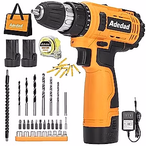 Adedad 12V Cordless Drill Set Electric Power Drill with 2 Batteries and Charger, 3/8 Inch Keyless Chuck, 300 In-lbs Torque, 21+1 Position, 2 Variable Speed, LED Light and 43pcs Accessories