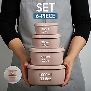 ISSEVE 6Pcs/Set Nesting Silicone Food Storage Containers with Lids, BPA Free Reusable Meal Prep Silicone Containers Lunch Box Bento Box Set (33.8oz, 20oz, 10oz, 6.7oz, 1.3oz) (Pink)