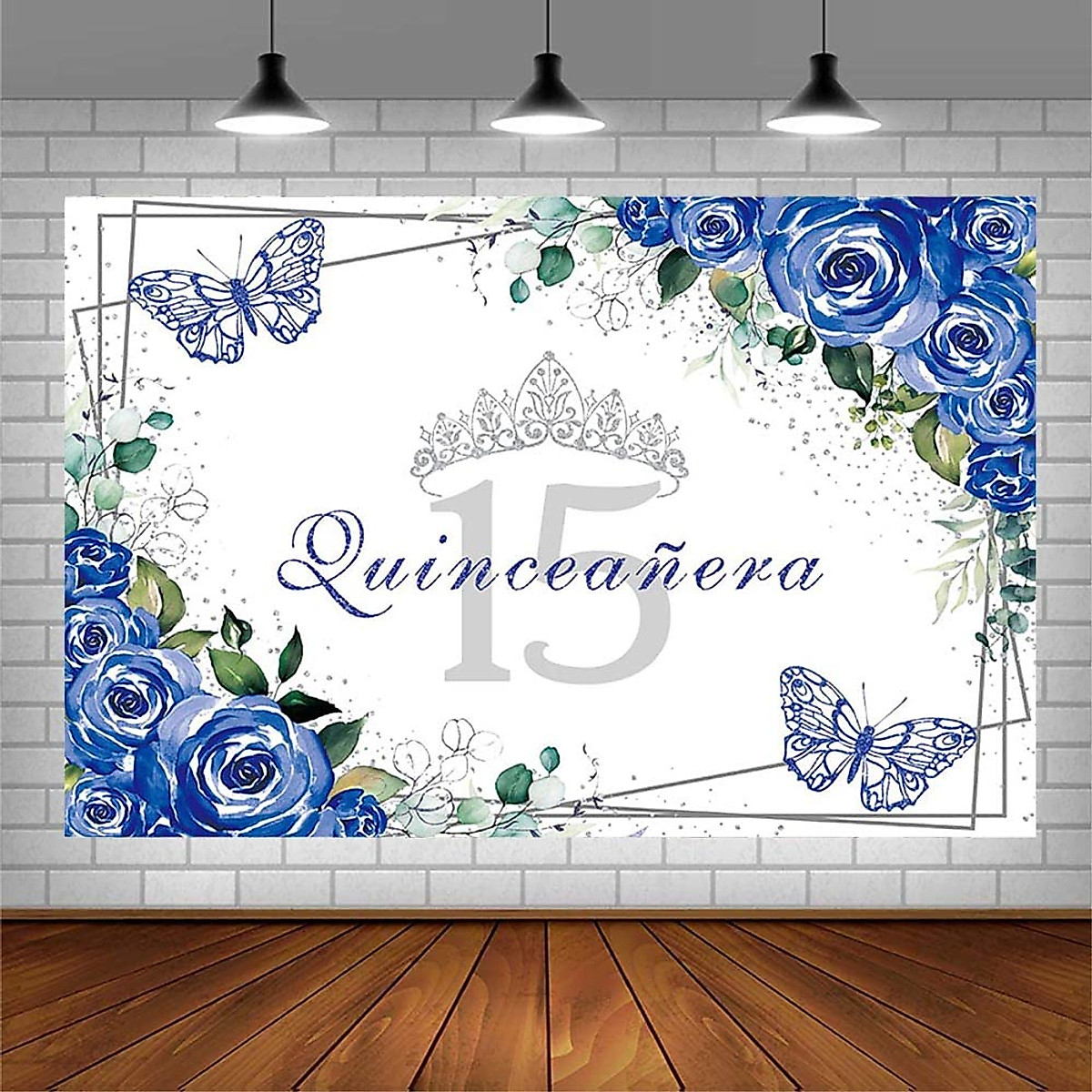 Sendy 7x5ft Quinceañera Backdrop Mis Quince 15 Anos Birthday Party Supplies for Girl Princess Royal Blue Floral Butterfly Silver Crown Photography Background Banner Photo Booth Studio Props