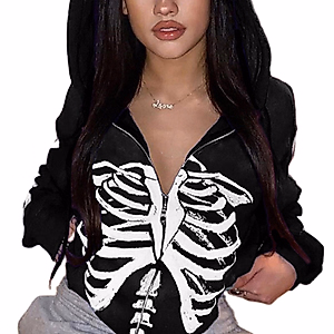 Sunloudy Women Skeleton Print Oversized Hoodie Y2K Zip Up Sweatshirt Gothic E-girl Harajuku Jackets Coat Streetwear (7-Black, S)