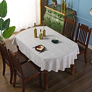 QsyyHome Lattice Oval Tablecloth Rustic Embroidery Cotton Linen Fabric Brown Checkered Table Cover Tablecloths for Kitchen Dining Party Tabletop Decoration 60 x 84 inches