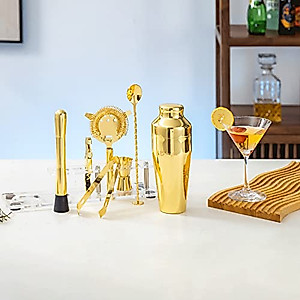 Btuqbu Cocktail Shaker Set with Arcylic Stand, Mixology Bartender Kit for Drink Mixing | Mixology Set with 7 Bar Set Tools Cocktail Kit (Gold)