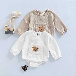 Cute Baby Sweatshirt Romper Waffle Knit Baby Clothes Infant Girl Boy Fall Winter Outfits (Khaki, 0-6 Months)