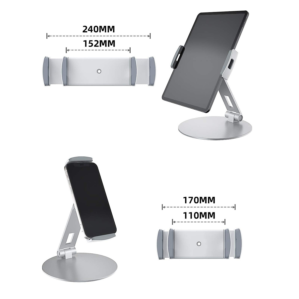 Stouchi Tablet Stand, 360°Tablet Swivel Base Holder Galaxy Tab S8, Adjustable Desk Mount for iPad Mini 2021,Galaxy S22, POS Kiosk, Surface Pro 4, iPad Pro/Air fits 4-14” Tablet & Phone Silver