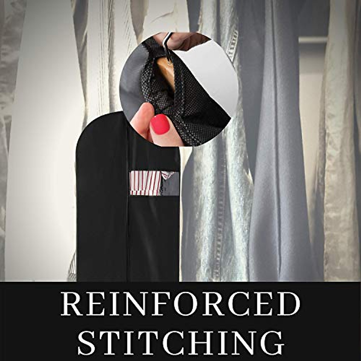 42 Inch Black Garment Bag Breathable for Suit Dress with Large Clear Window and Mesh Pockets