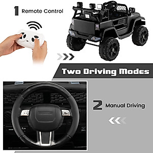 OLAKIDS Kids Ride On Truck, 12V Electric Vehicle Jeep Car with Remote Control, Toddlers Battery Powered Toy with 2 Speeds, Spring Suspension, Double Open Doors, LED Lights, Music, TF, USB, Mp3 (Black)