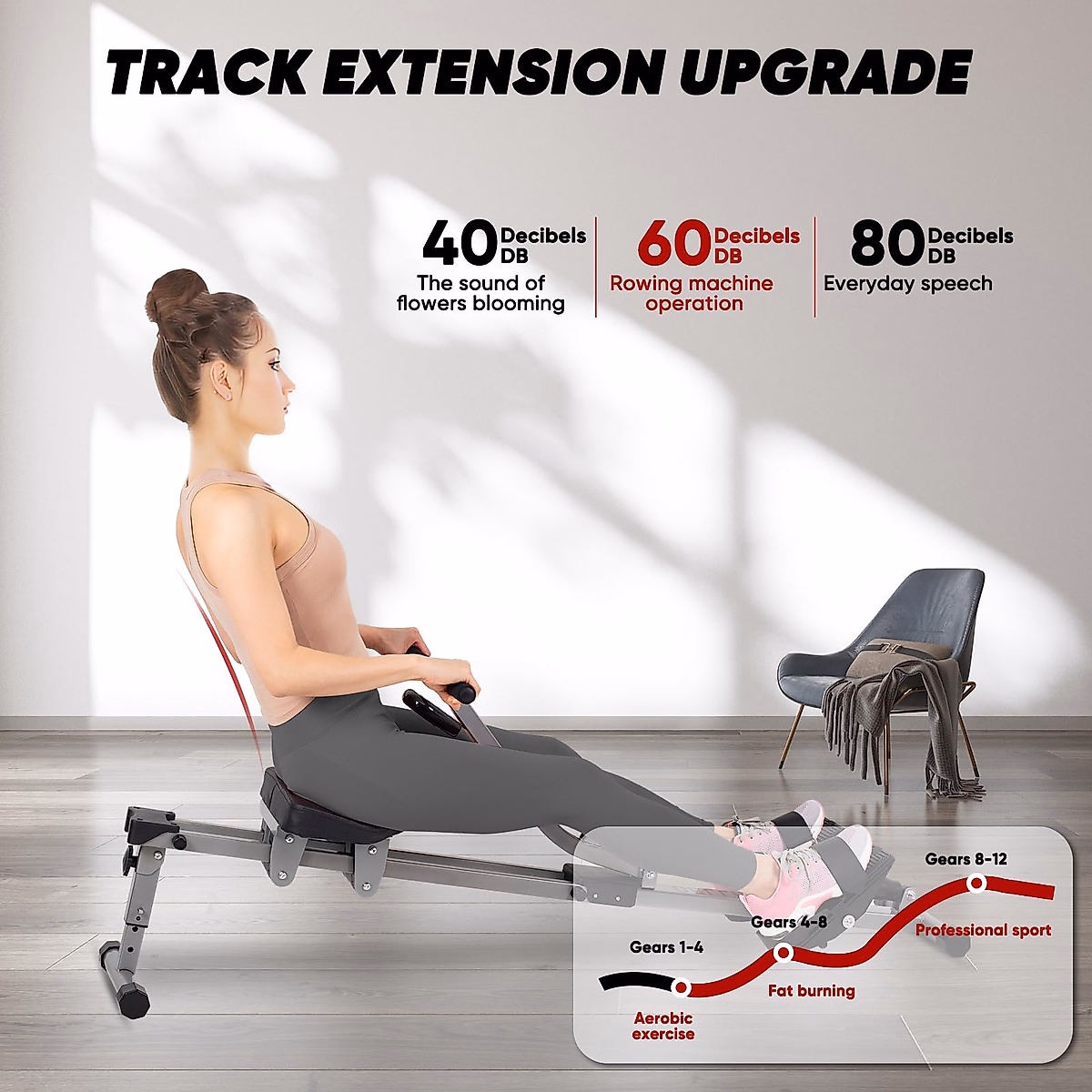 DELLFY Rowing Machine,Rowing Machines for Home Use Foldable,Rower Machine for a Living Room Workspace,Extended Silent Dual-Track,8 Steel Ball Bearing Pulleys.