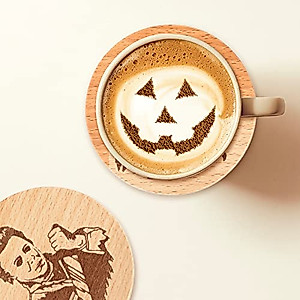 Whaline 4Pcs Halloween Wood Coaster Horror Movie Character Wood Round Coasters Halloween Holiday Cup Mat for Drinking Glasses Tabletop Protection Halloween Home Kitchen Office Decor