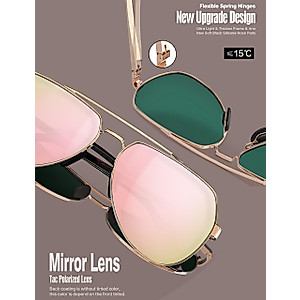 LUENX Women Aviator Sunglasses Polarized Shades Flexible Spring Hinge - Pink Mirror Lens Rose Gold Metal Frame 60mm