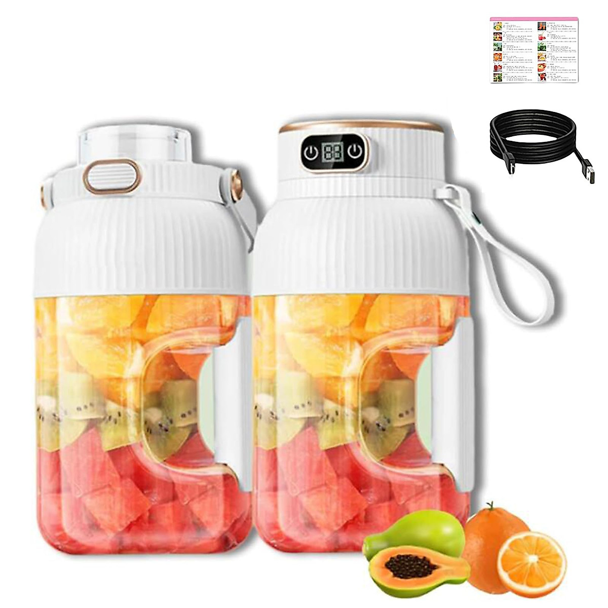 Multifunctional Portable Juicer Cup With Digital Display,Portable Smoothie Blender On The Go, Portable Blender USB Rechargeable, Juice Cup Blender (White,Double Cup+Double Lid)