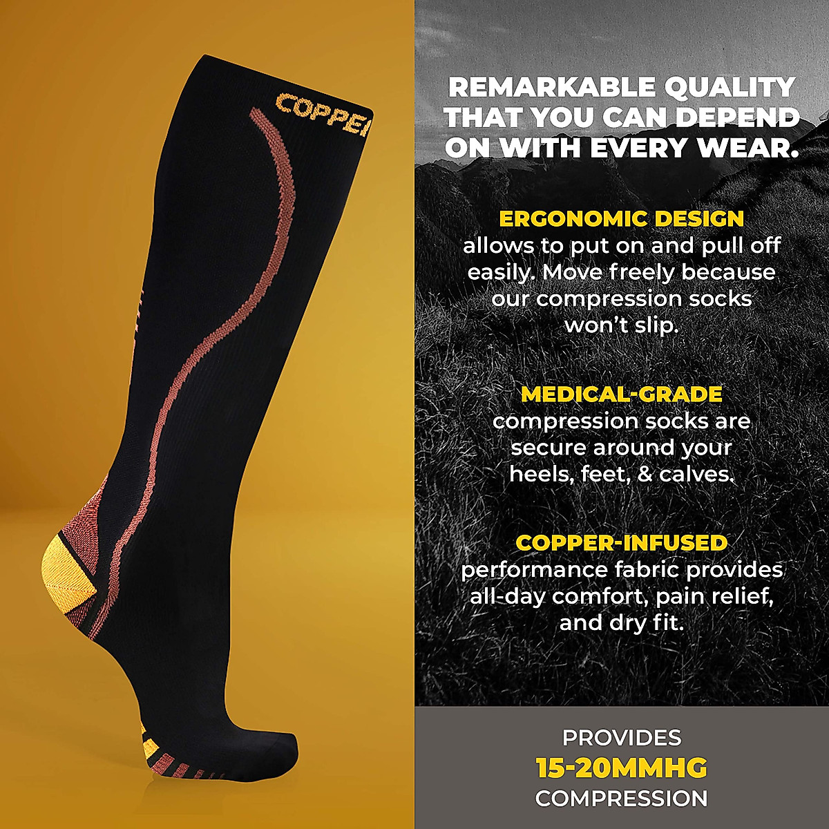 CopperJoint Copper Compression Socks Men & Women - Easy On, Easy Off Compression Copper Socks – Comfortable & Supportive Running Sock - Breathable Knee High Circulation Socks (Small - Medium)
