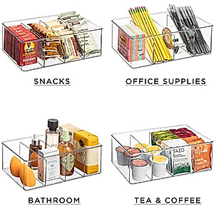Sorbus Storage Bins with Dividers - Clear Plastic Organizer - Store Tea Bags, Spices, Seasonings, Drink Packets, Oatmeal - Snack Storage & Display Containers for Kitchen & Pantry (4 Pack)