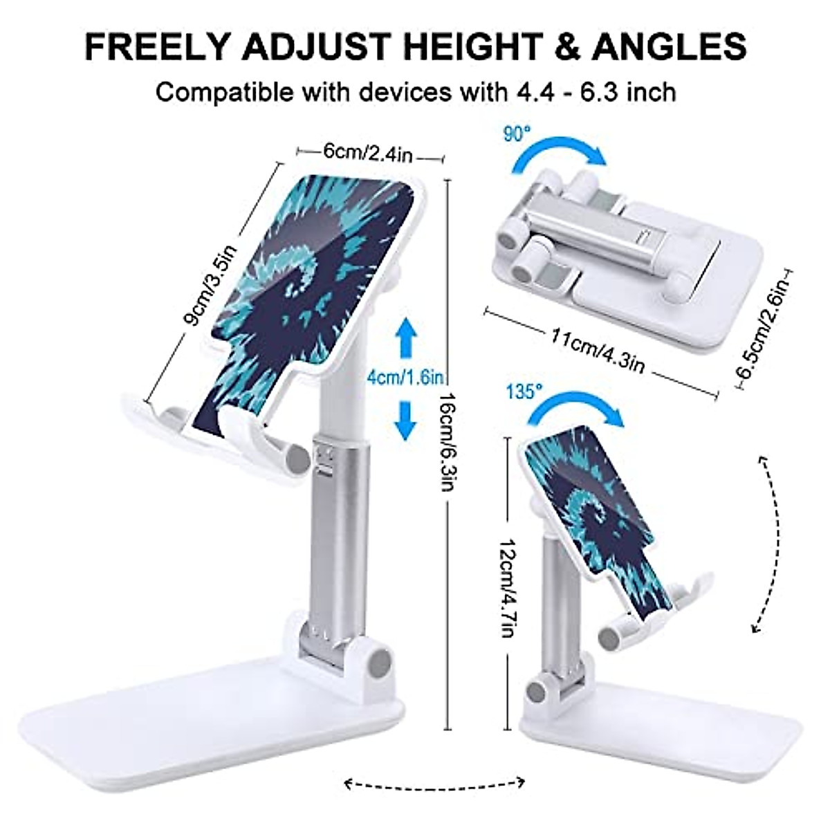 Navy Blue Tie Dye Cell Phone Stand for Desk Foldable Phone Holder Height Angle Adjustable Sturdy Stand White-Style