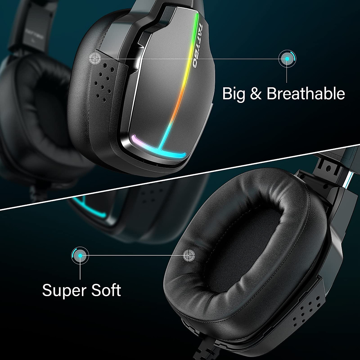 Tatybo New Gaming Headset for PC PS4 PS5 Xbox One Switch, Stereo PS4 Headset with 90° Rotatable Earpads, Noise-Cancelling Mic