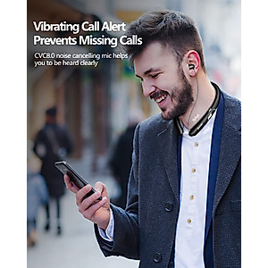 Bluenin Bluetooth Headphones, Bluetooth Neckband Wireless Headphones Bluetooth 5.0 Retractable Earbuds Stereo Headset CVC 8.0 Noise Cancelling Call Vibrate Alert Earphones with Mic (Black)