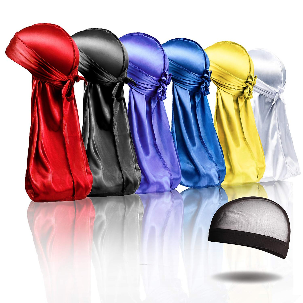 BIGEDDIE 6 Pcs Silky Durags and 1 Pcs Wave Cap Silky Durag Pack Durags for Men Waves (purple, blue, yellow, black, white, red)