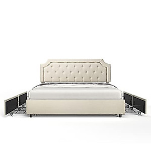 BONSOIR Queen Size Storage Bed Frame Upholstered Low Profile Traditional Platform with Tufted and Nail Headboard/No Box Spring Needed/4 Pull Out Drawers/Cream Color Linen Fabric (Queen Size)