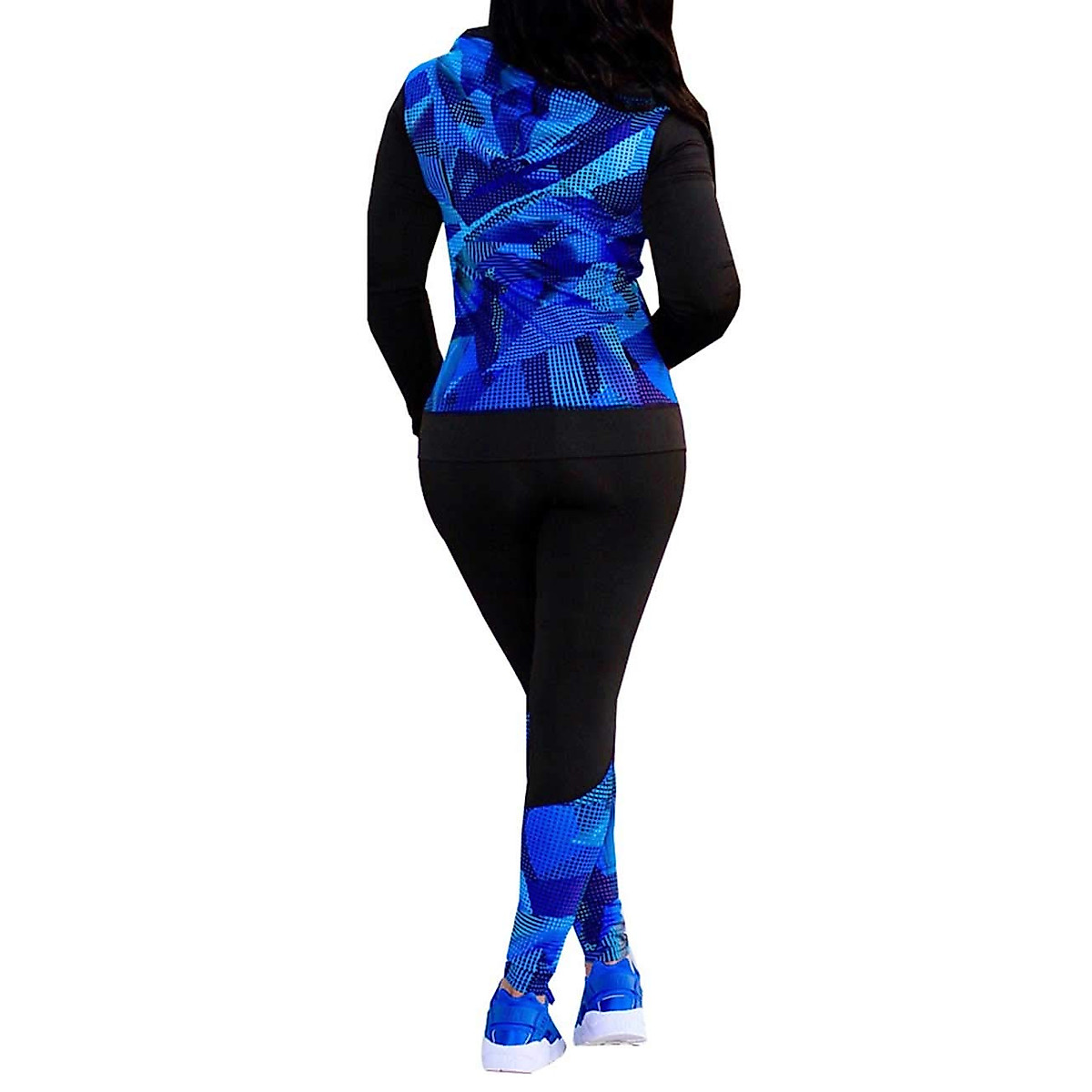 Akmipoem Autumn Long Sleeve 2 Piece Outfit Full Zip Up Jacket+Skinny Pants Set for Young Ladies Blue L