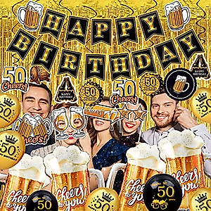 50th birthday decorations for men women - (60pcs) black gold party Banner, 40 Inch Gold Balloons,50th Sign Latex Balloon,Fringe Curtains and cheers to you Foil Balloons,Hanging Swirl,photo props