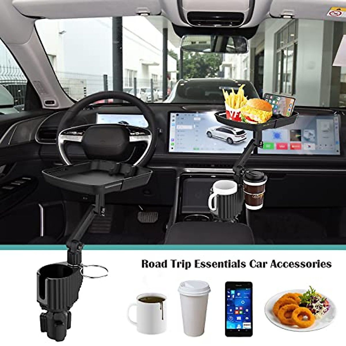 Aiuuee 4 in 1 Cup Holder Tray for Car, Upgraded Car Cup Holder Expander with Tray, Dual Cup Holder, Phone Slot, Adjustable Swivel Arm & Base, Detachable Car Food Tray Table for Eating