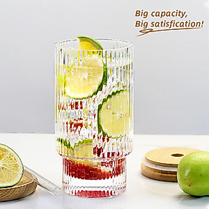 Greefun Ribbed Glassware Set of 4, 20oz Origami Style Drinking Glass Cup with Lid and Straw, Iced Coffee, Cocktail, Beer, Juice Stackable Drinking Glasses, Perfect for indoor and outdoor use