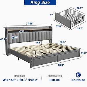 EnHomee King Size Bed Frame with Storage and Headboard, Upholstered King Bed Frame with Storage, Grey King Bed Frame with 2 Drawers, King Size Bed Frame with Storage, NO Noise,No Box Spring Needed