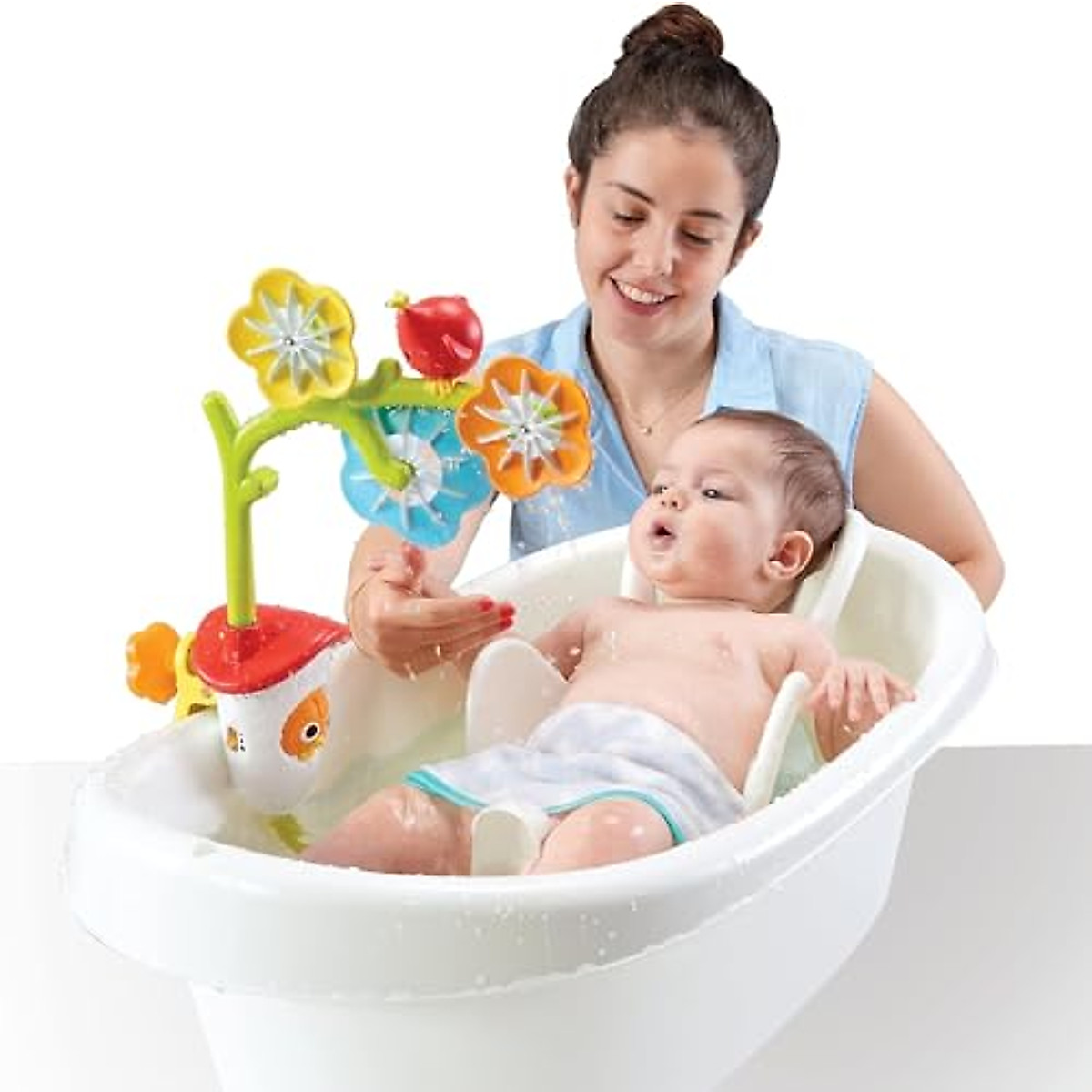 Yookidoo Baby Bath Mobile - Spinning Flowers and Swiveling Fountain for Newborn and Toddler Bath Time Sensory Development (Tub Not Included) - Attaches to Any Size Tub Wall - 0-2 yrs.