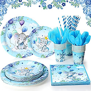 200 Pcs Elephant Baby Shower Party Supplies for 25 Guests Blue Paper Plates Cups Napkins Straws Tableware Sets for Boys Baby Shower Decorations Elephant Theme 1st Birthday Party Favors