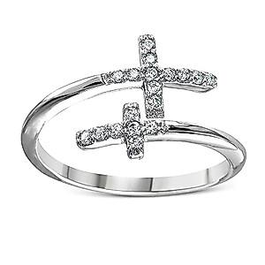 Savlano 18K White Gold Plated Round Cut Cubic Zirconia Double Sideways Cross Band Ring Women Religious Ring (6)