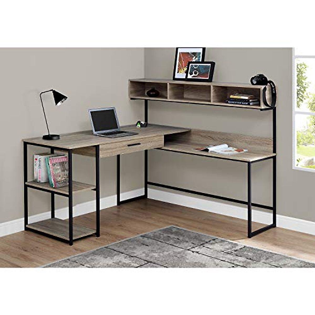 Monarch Specialties Workstation for Home & Office with Multiple Shelves and Drawer L-Shaped Corner Desk with Hutch, 60" L, Dark Taupe/Black Frame