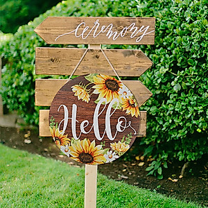 CHDITB Sunflower Welcome Sign Wreath (12''x12''), Rustic Wooden Hello Front Door Decoration Wall Hanging, Round Sunflower Wreaths for Front Door Home Office Farmhouse