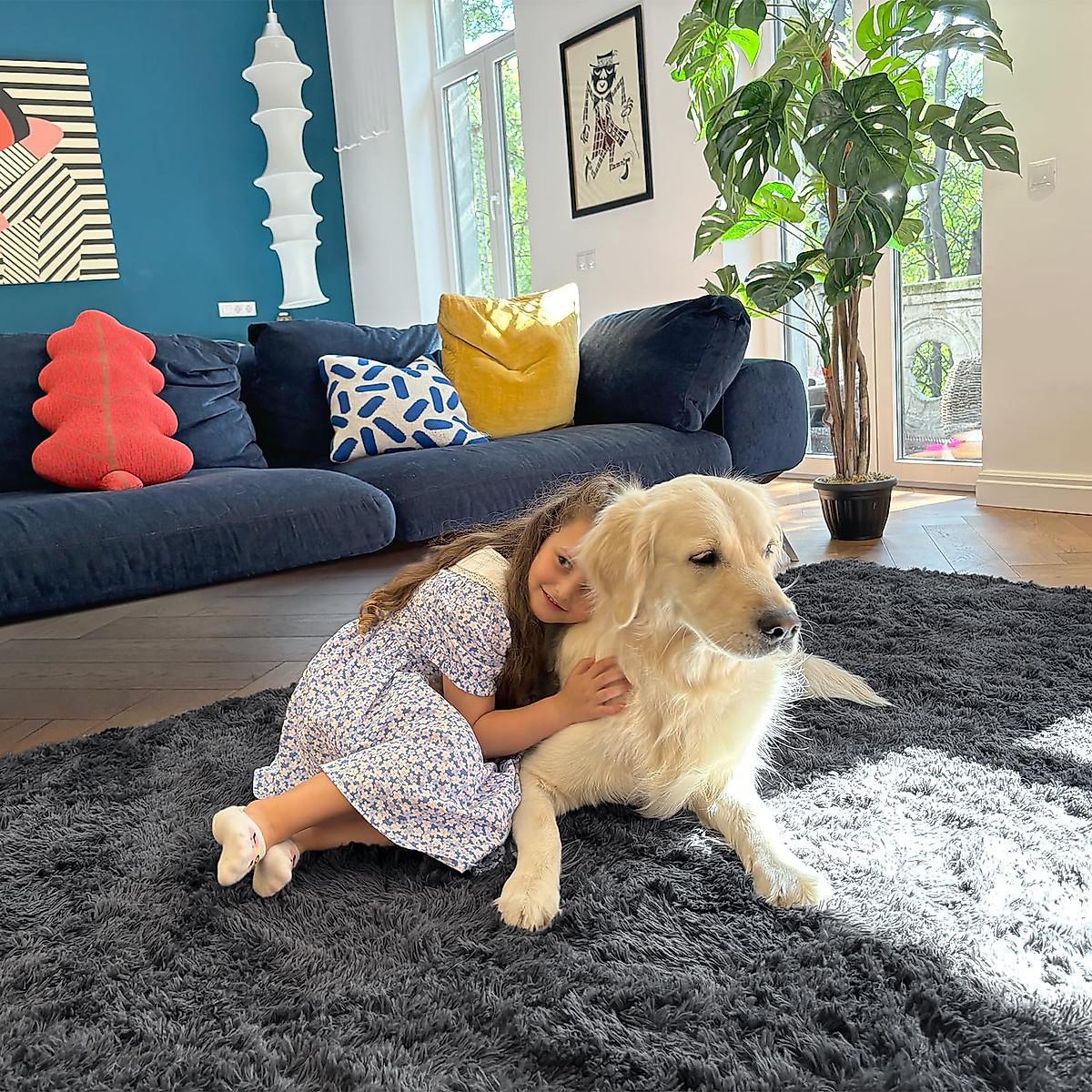 OLANLY Area Rugs for Living Room Bedroom, Machine Washable 4x5.9 Feet Soft Fluffy Shaggy Bedside Rug, Indoor Floor Carpet for Kids Girls and Boys, Dorms, Nursery Rooms, Home Decor Aesthetic, Grey