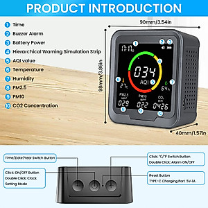 Chaoos 6-in-1 Indoor Air Quality Monitor, Detects CO2, PM2.5, PM10, AQI, Temp and Humidity, AQI Monitor with Alarm, CO2 Monitor for Home, Cellars, Grow Tents, Offices