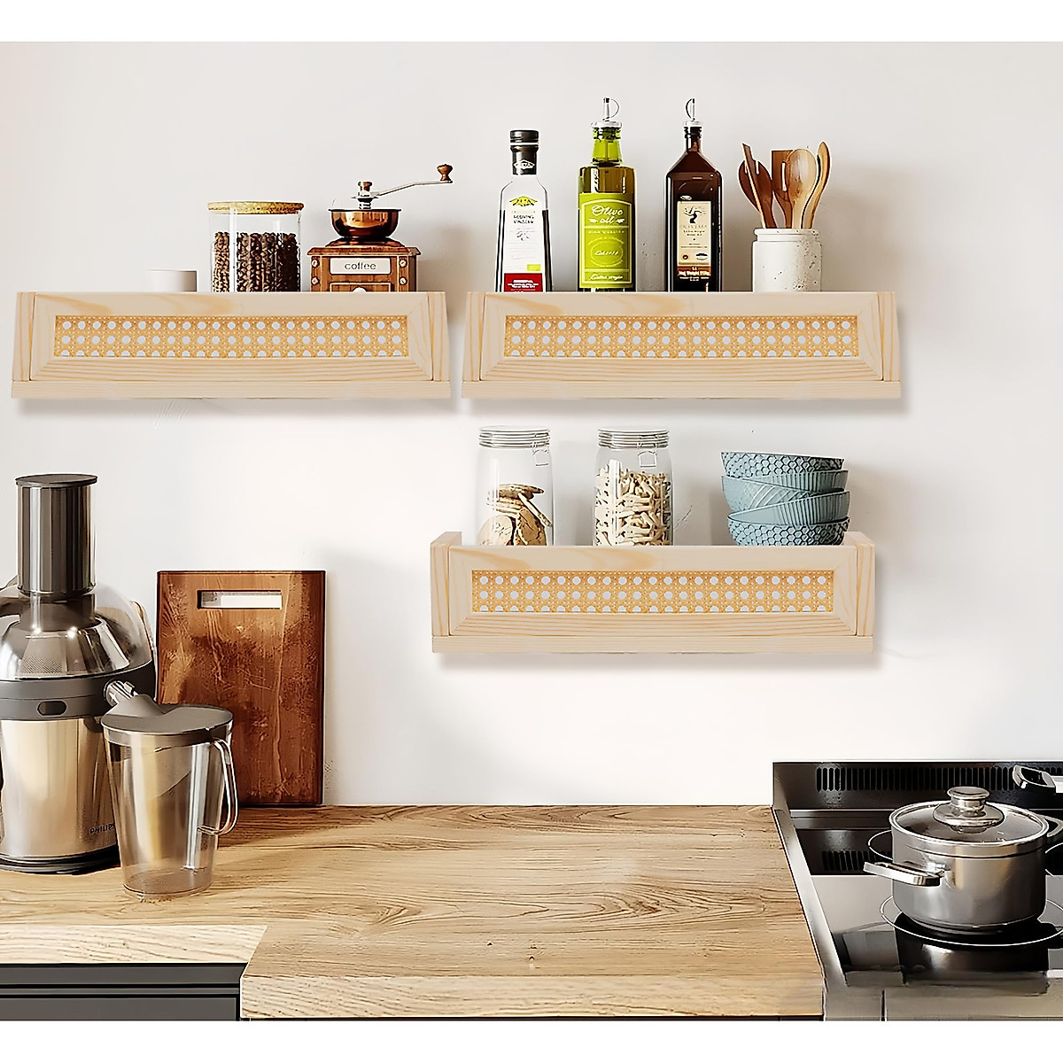 Defined Deco 3 Pack Floating Rattan Shelves, 16" Boho Rattan Wall Shelf Storage for Bathroom and Kitchen, Floating Wicker Bookshelf Rattan for Kids and Nursery Room Bookcases or Toy Decor