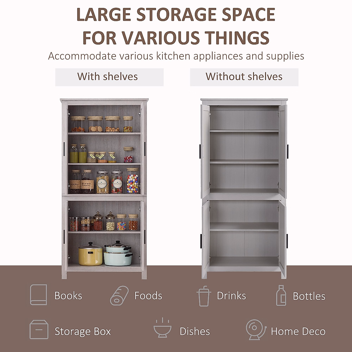 HOMCOM 64" Kitchen Pantry Cabinet, Freestanding Storage Cabinet with 4 Doors and 3 Adjustable Shelves for Dining Room, White