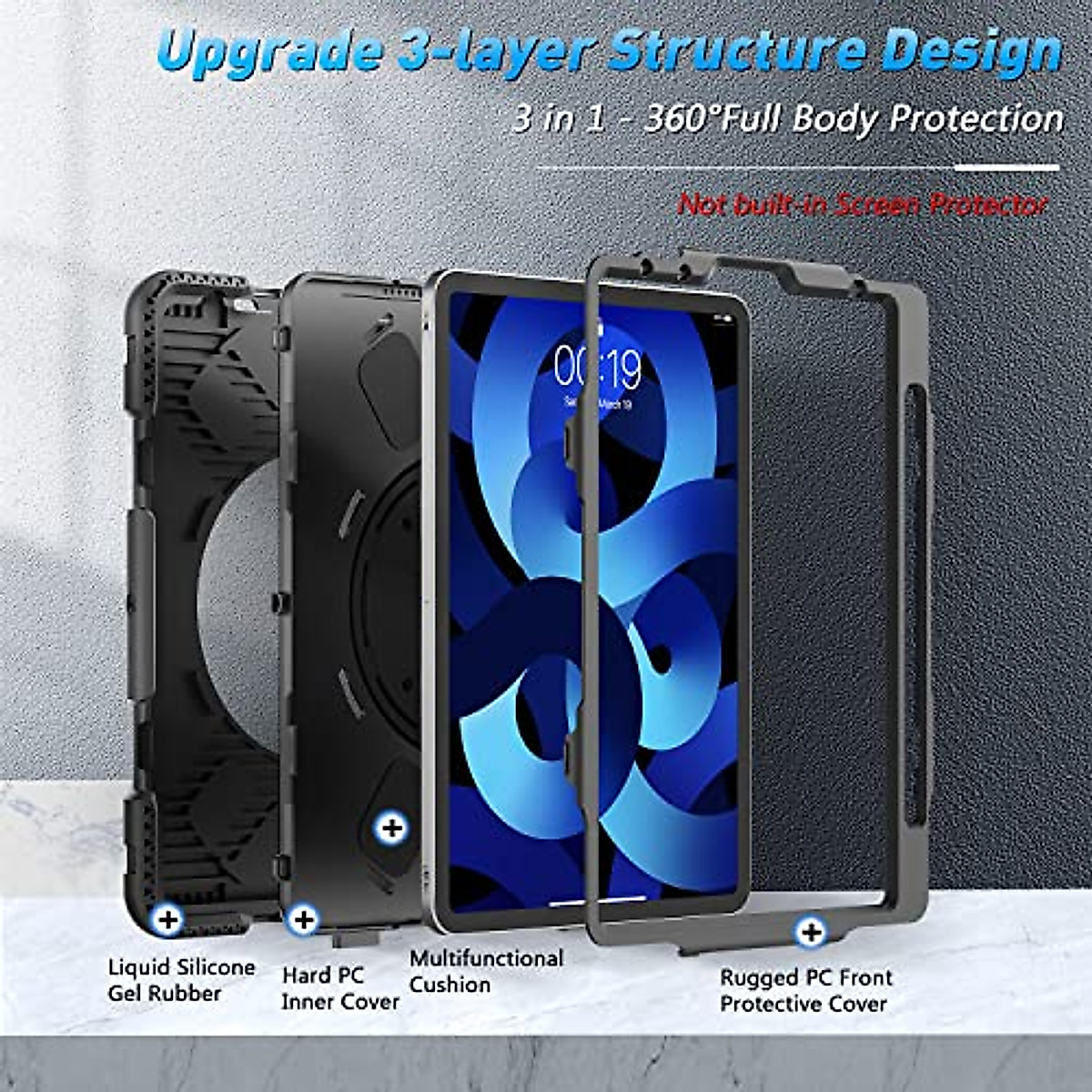 SUPFIVES Case for iPad Air 5th Generation 10.9 Inch 2022: Military Grade Silicone Protective Cover for iPad Air 4th Gen/iPad Pro 11 with Pencil Holder+ Rotating Stand+ Handle+ Shoulder Strap(Black)