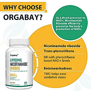 Orgabay Liposomal Nicotinamide Riboside 2000 MG with TMG and Pterostilbene, Boosting NAD+, Support Healthy Aging, 60 Count
