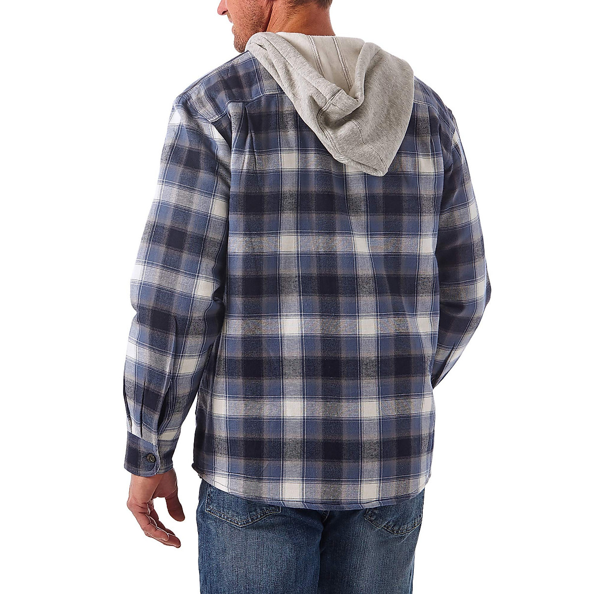 Wrangler Authentics Men's Long Sleeve Quilted Lined Flannel Shirt Jacket with Hood, Blue/Black, Large