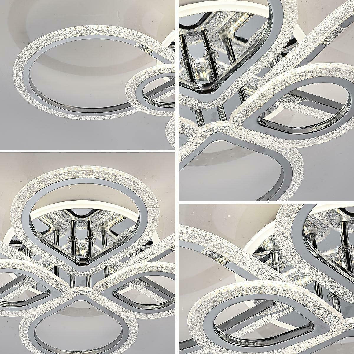 Modern Ceiling Light Fixture LED Chandelier Remote Control Dimmable 3000K-6500K Metal Polished Acrylic Flush Mount Lamp Suitable Living Room Bedroom Dining Room Kitchen (Polished Chrome, 6 Rings)