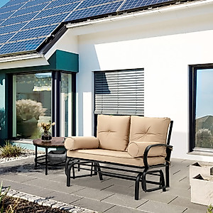 Outsunny Swing Glider Rocking Chair, Double Patio Bench, 2 Person Loveseat with Steel Frame, Cushions, Pillow Armrests, Khaki