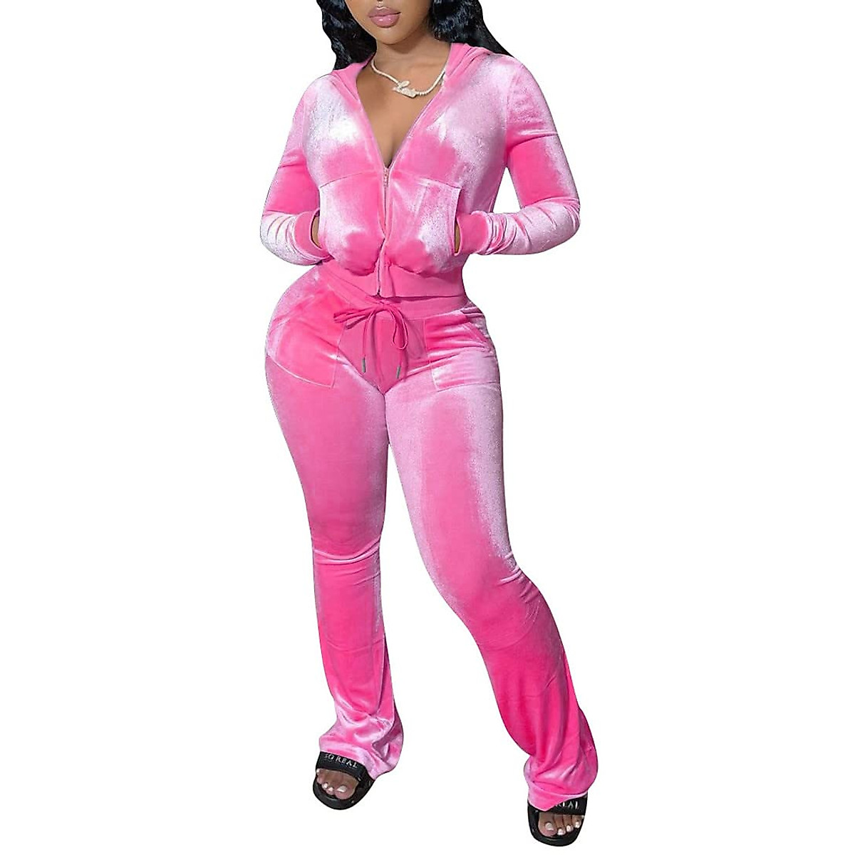 Yeshire Women's 2 Piece Outfits Velvet Sweatsuits Zip-up Hoodie Jacket Casual Jogging Set Tracksuit Set with Pockets Large Pink