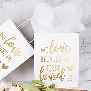 WRAPAHOLIC Medium Size Gift Bags - Gold Foil We Love Because He First Loved Us White Paper Bags with Handles for the Lovers of Scriptures and Christians - 12 Pack - 8" x 4" x 10"
