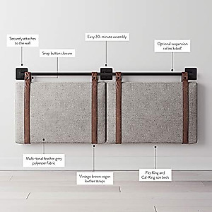 Nathan James Harlow Modern Wall Mount Hanging Upholstered Headboard, King, Gray with Brown Faux Leather Straps