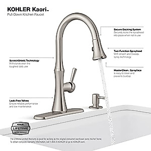 KOHLER R28706-SD-VS Kaori Single Handle Kitchen Faucet with Pull Down Sprayer and Soap Dispenser, Vibrant Stainless