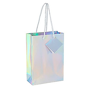 20 Pack Holographic Small Silver Gift Bags with Handles, White Tissue Paper and Tags, Iridescent (8 x 5.5 x 2.5 In)